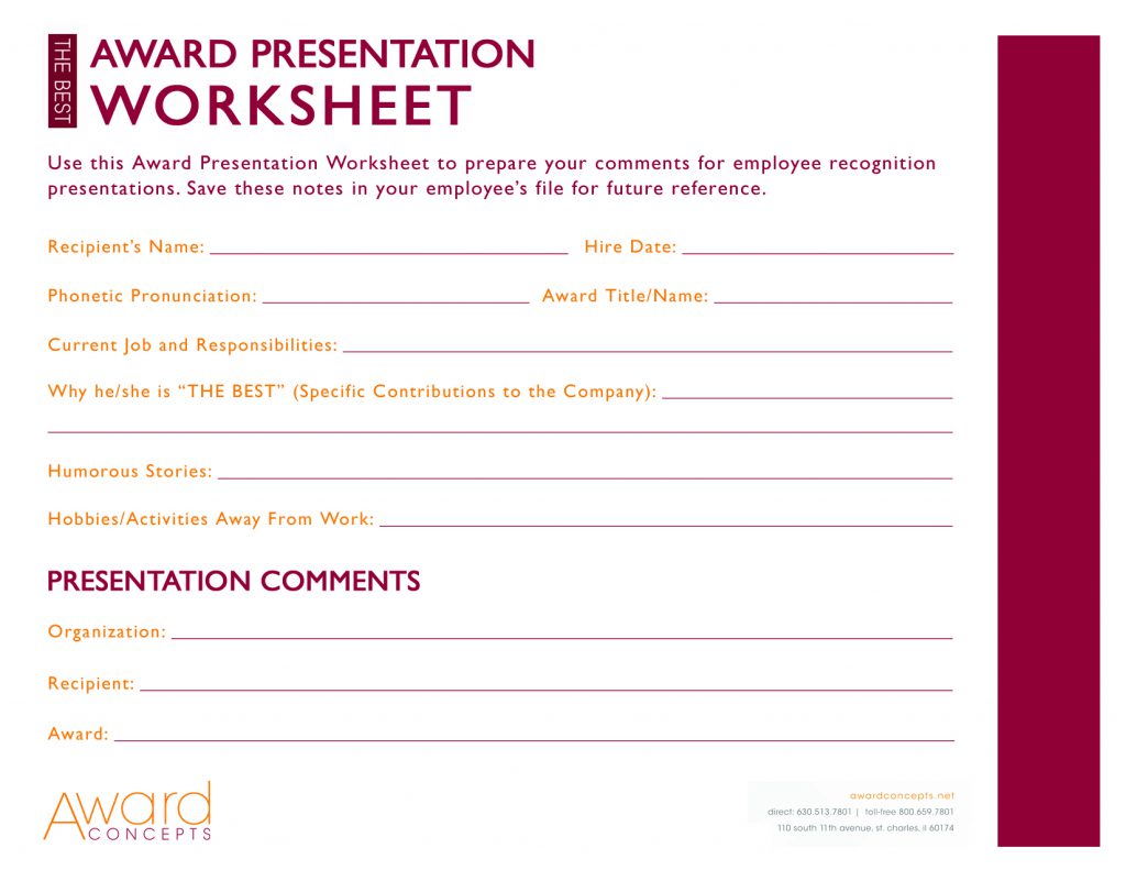 Award Presentation Worksheet – Award Concepts