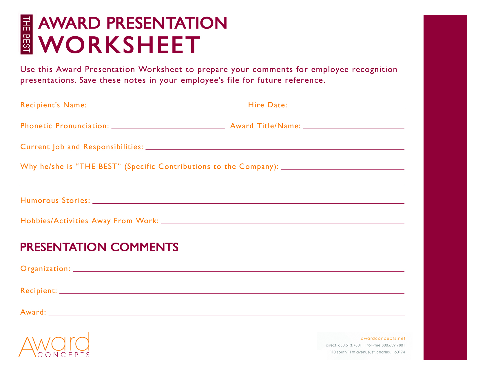 Award Presentation Worksheet – Award Concepts